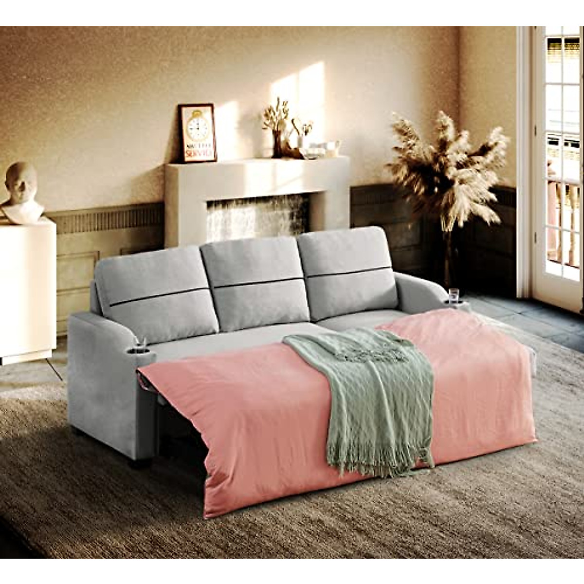 Melpomene Convertible Sectional Sofa Couch Pull Out Bed Sleeper Sofa with Storage 3 Seater L Shaped Couch Linen Upholstered Fabric Corner Sofa with 2 Cupholders for Living Room (Grey)