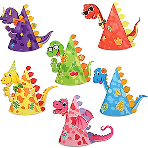 Outus 12 Pieces DIY Dinosaur Party Hats Birthday Party Cone Hats Craft Art Kit Make Your Own Dinosaur Paper Hats DIY Art Kit Home Project Group Activity Games for Boys Girls