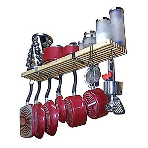 36" wooden wall mounted pot rack with 10 hooks. Wall rack. Pan rack. Hanging pot rack. Wood Pan Pot hanger. Hanging pot holder. Kitchen wall shelf. Kitchen pots pans organizer shelf 36x10 inch chrome