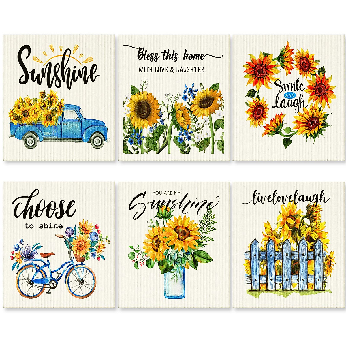 6 Pcs Swedish Kitchen Dishcloths Kitchen Towels, Absorbent Dish Towels, Reusable Sponge Cleaning Dish Cloths Quick Drying Washable Decorative Tea Towels No Odor Bar Hand Towel (Sunflower)