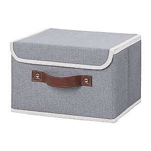 ANMINY Storage Bin with Lid Storage Boxes with PU Leather Handles PP Plastic Board Decorative Foldable Lidded Cotton Linen Fabric Home Cubes Baskets Closet Organizer Container - Gray, Small Size