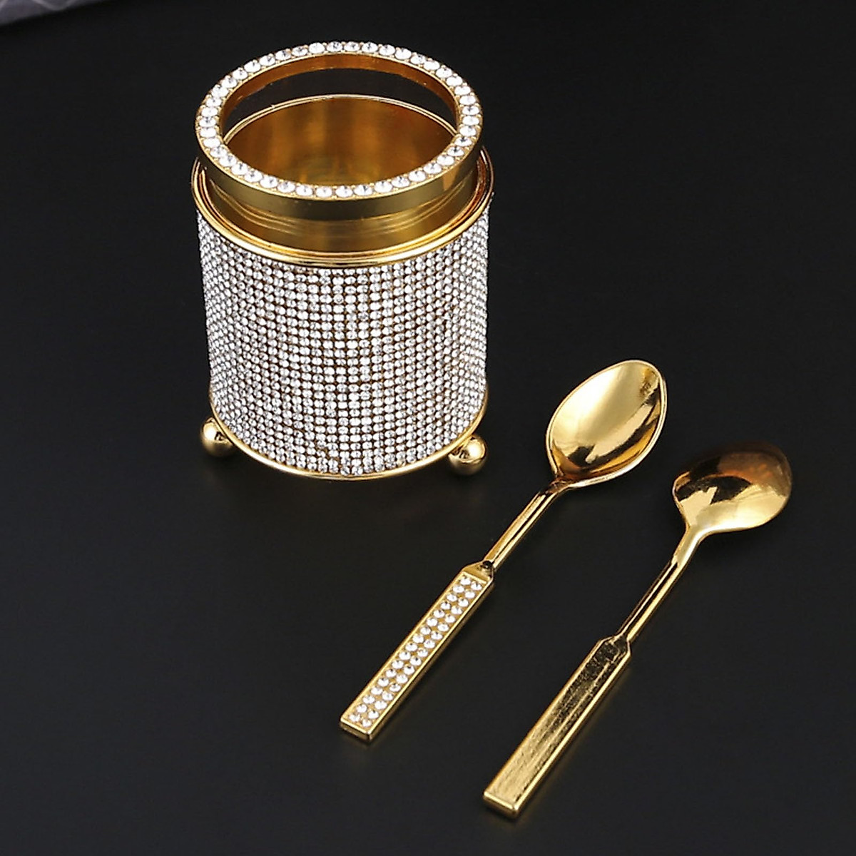 POYHKFD 6Pcs Coffee Spoons Set with Holder, Small Stainless Steel Gold Dessert Spoons Set, Zinc Alloy Gold Dessert Spoons Set, Spoon Organizer for Fruit Stirring Mixing Sugar Ice Cream Cake