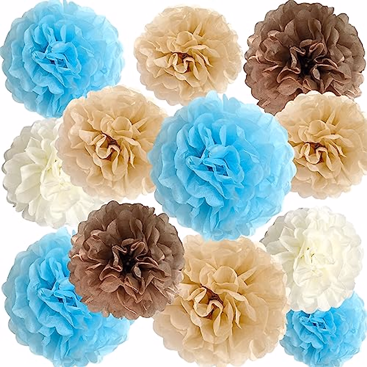 ANSOMO Blue and Tan Brown Tissue Paper Pom Poms Party Decorations Flowers Wall Hanging Bear Baby Shower Boy Khaki Décor 1st Birthday Supplies 12Pcs