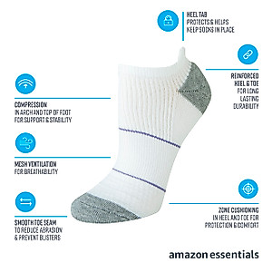 Amazon Essentials Women's Performance Zone Cushion Athletic Tab Socks, 6 Pairs, White, 8-12