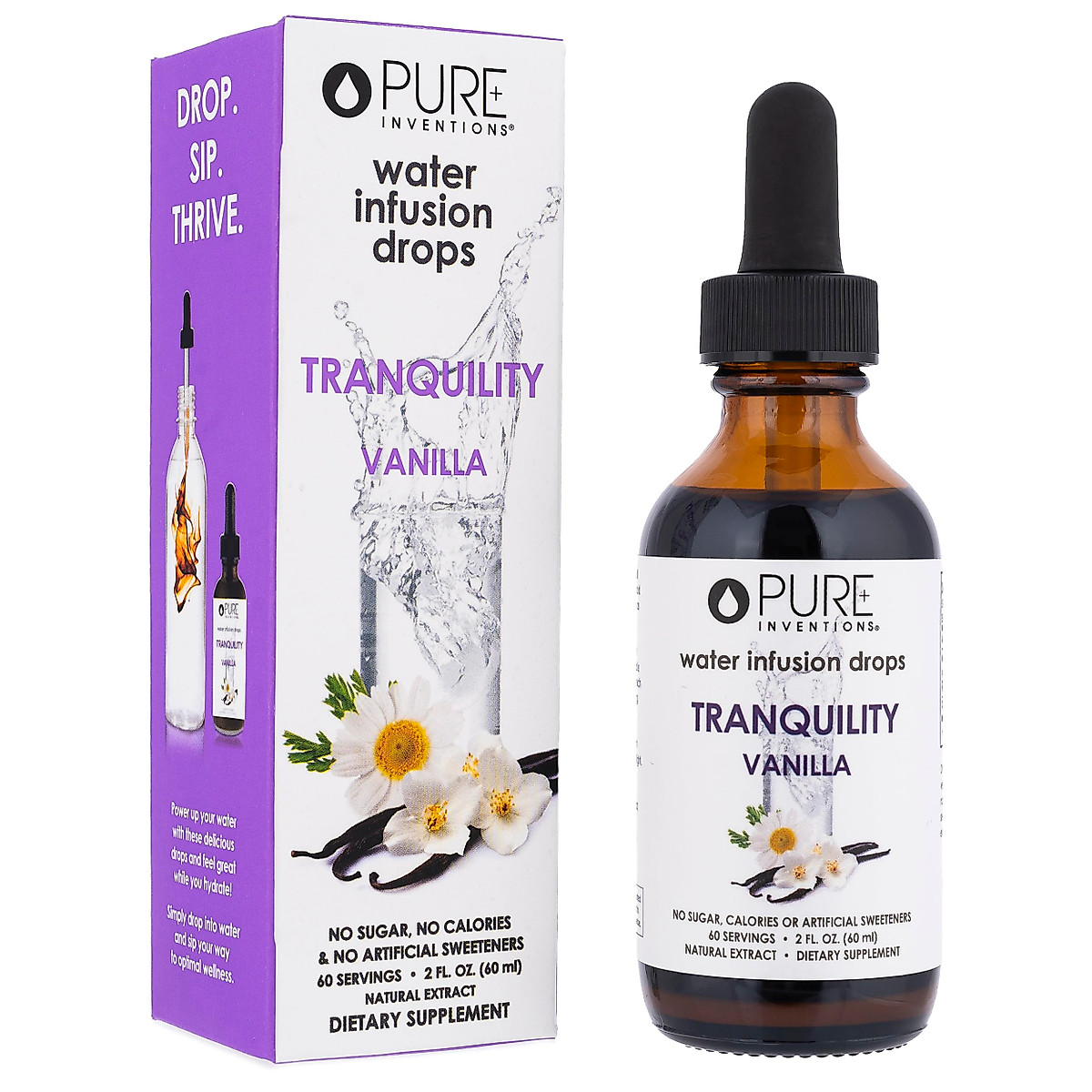 Pure Inventions Tranquility - Supports Relaxation - Vanilla and Chamomile - Water Infusion Drops - No Sugar, Calories, or Artificial Sweeteners - 60 Servings - 2oz