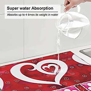 Heart & Flowers Printed Drying Mat For Kitchen Ultra Absorbent Microfiber Dishes Drainer Mats Non-Slip Silicone Quick Dry Pad - 18 X 16inch