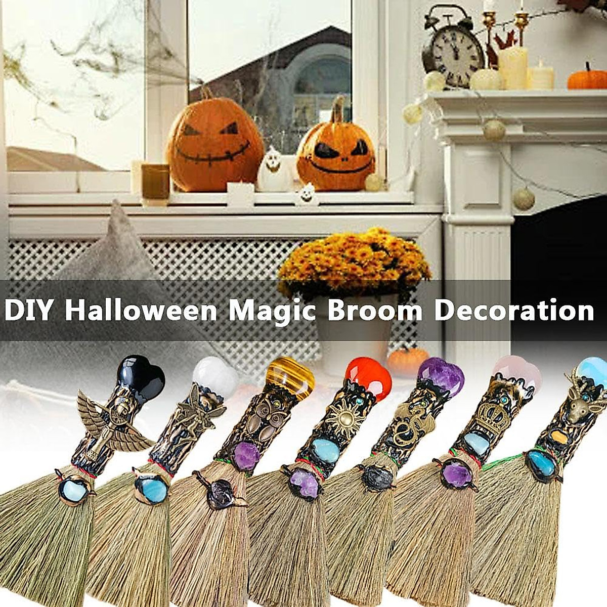 JHIALG Witch Broom Crystal Witch Wiccan Altar Broom, Halloween Hanging Props Cosplay Broomstick, Handmade Reiki Broomstick for Cleansing Healing Fengshui