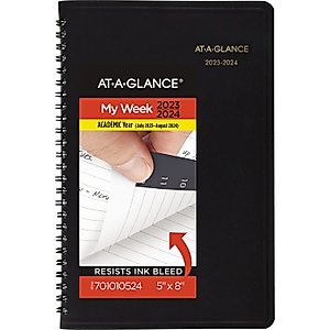 AT-A-GLANCE 2023-2024 Academic Planner, Weekly, Hourly Appointment Book, 5" x 8", Small, Pocket, Flexible Cover, Black (7010105)