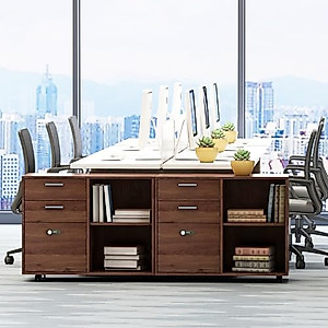 Wood File Cabinet with Coded Lock, File Cabinet for Home Office, Office Storage Cabinet with 3 Drawers and Open Storage Shelves, Filing Cabinet with Wheels, Brown Oak