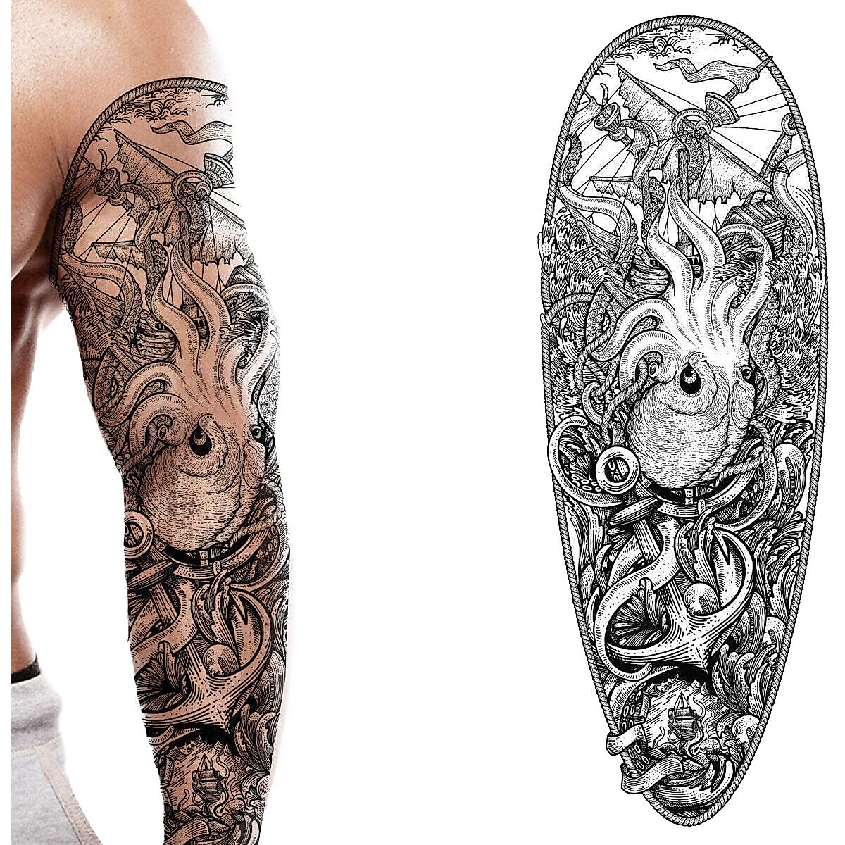 Tatodays 2 x Temporary tattoo full arm caribbean pirate kraken stick on body art transfer for women and men cosplay halloween adult temp tattoo for arms fancy dress