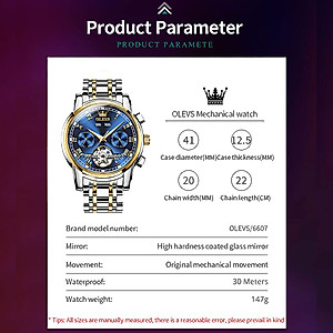 OLEVS Mens Watches Automatic Watches for Men Self Winding Watch Silver Gold Stainless Steel Watch Blue Dial Watch Skeleton Tourbillon Men's Wrist Watches Luxury Big Face Watch for Men
