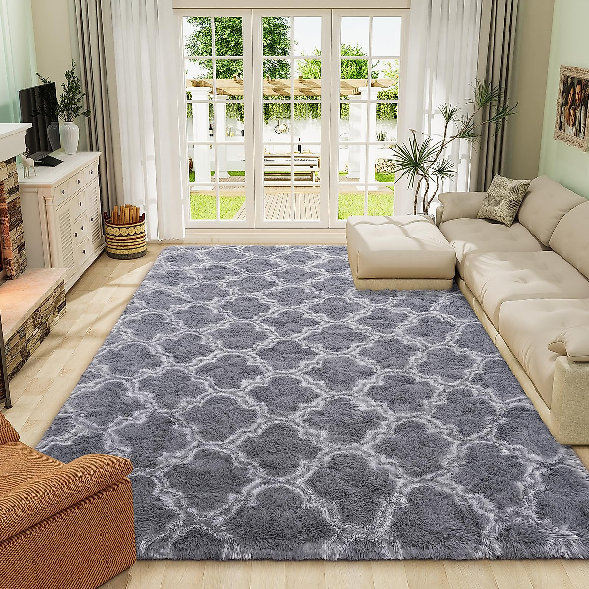HOMORE 8x10 Large Area Rug for Living Room, Grey and White Bedroom Rug, Modern Big Fluffy Rugs Soft Furry Shaggy Faux Fur Rug for Farmhouse Decor, Aesthetic Rugs for Kids Home Indoor Floor