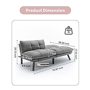 Miscoos Velvet Convertible Bed, 71" Comfy Loveseat Sleeper Sofa with Adjustable Backrest Armrest, Strengthen Wood, Thick Cushion, Small 2 Seater Futon Couch for Living Room, Bedroom, Light Grey