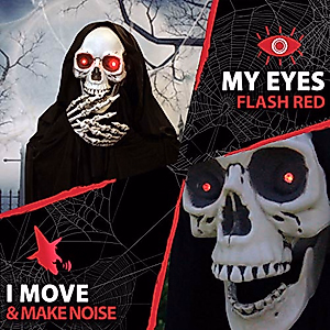 Haunted Hill Farm Life-Size Animatronic Reaper, Indoor/Outdoor Halloween Decoration, Light-up Red Eyes, Poseable, Battery-Operated