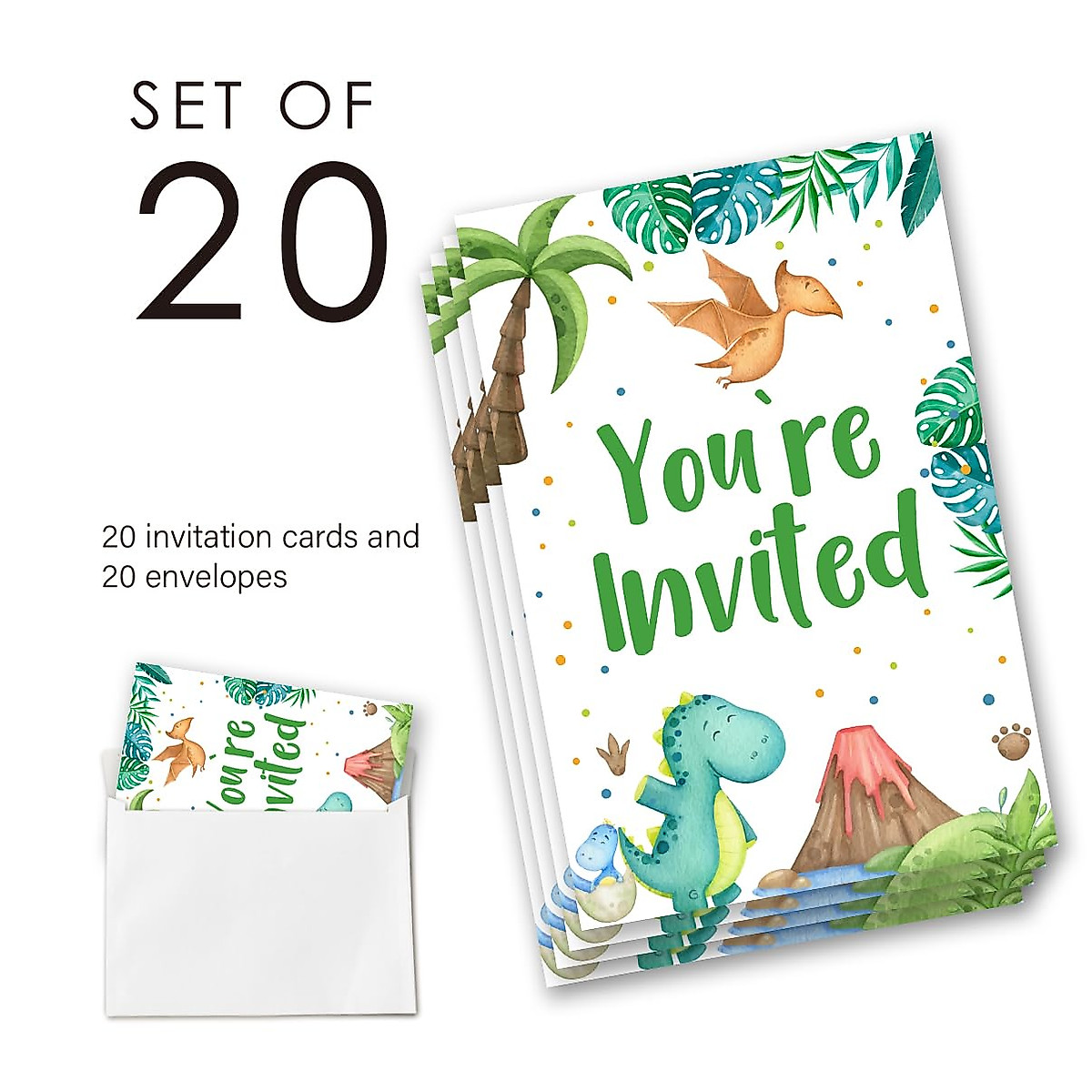 EUDOSI Dinosaur Birthday Party Invitations Supplies Fill-In Set of 20 with Envelopes Dino Theme Birthday Bash Invites Cards, Double Sided