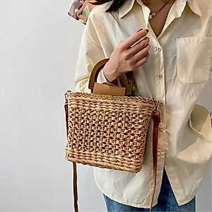 QUUL Summer Women Tote Bags Handbags Purses Weave Drawstring Closure Wooden Handle Beach Shoulder Bag