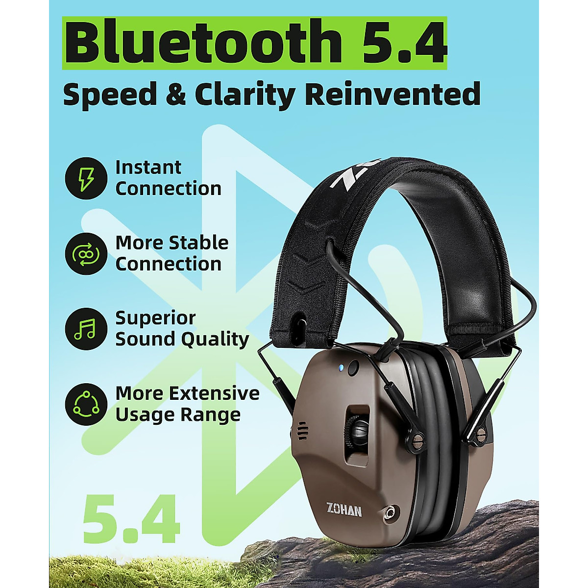 ZOHAN 035 Bluetooth 5.4 Shooting Ear Protection Earmuff, Active Noise Canceling, Hearing Protection with Sound Amplification