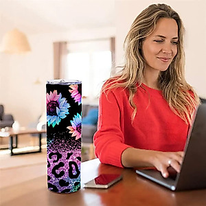 ATHAND Birthday Gifts for Women Girl Friends Her, 20 oz Sunflower Gifts Coffee Mug with Lid, Inspirational Insulated Skinny Tumblers, Cool Leopard Travel Mug for Women (Pack of 1)