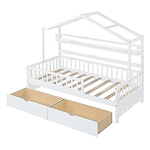 BEDGJH Twin Size House Bed with 2 Storage Drawers, House Bed Frames for Boys and Girls, Wooden Kids Bed Frame with Storage Shelves, Multifunctional Design, Easy Assemble (White, Twin)
