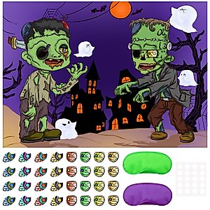 GXGGUS Halloween Party Games, Pin The Tail Game Pin The Eyeball on The Zombies, Two Blindfold Zombies on Game Poster Halloween Classroom Stickers Games,Halloween Zombie Party Games ﻿