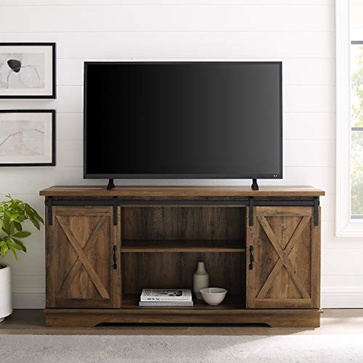 Home Accent Furnishings Tucker 58 Inch Sliding Barn Door Television Stand in Rustic Oak