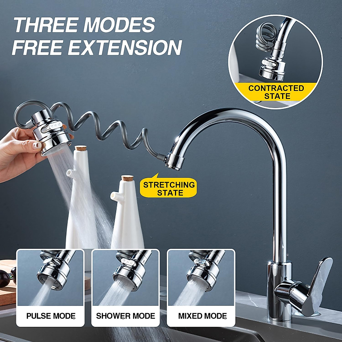 Kitchen faucet head replacement,3 Spray Modes Faucet Aerator,sink faucet head sprayer head replacement，Infinite angles Movable Faucet Extender for Kitchen Sink for Washing Face Shampoo