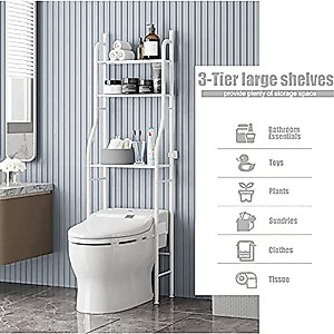 LUCKMETA Over The Toilet Storage Rack, 3-Tier Multifunctional Bathroom Organizer Shelf, Stable Storage Shelves, Easy Assembly, Space Saver, Metal, with Toilet Paper Holder and Hooks (White)