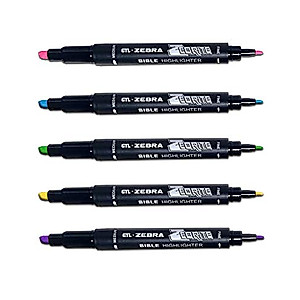 G.T. Luscombe Company, Inc. Zebrite Double Ended Bible Highlighter Set | No Bleed Pigmented Ink | No Fading or Smearing | Double Ended for Highlighting & Underlining | Fluorescent Multicolor (Set of 5)