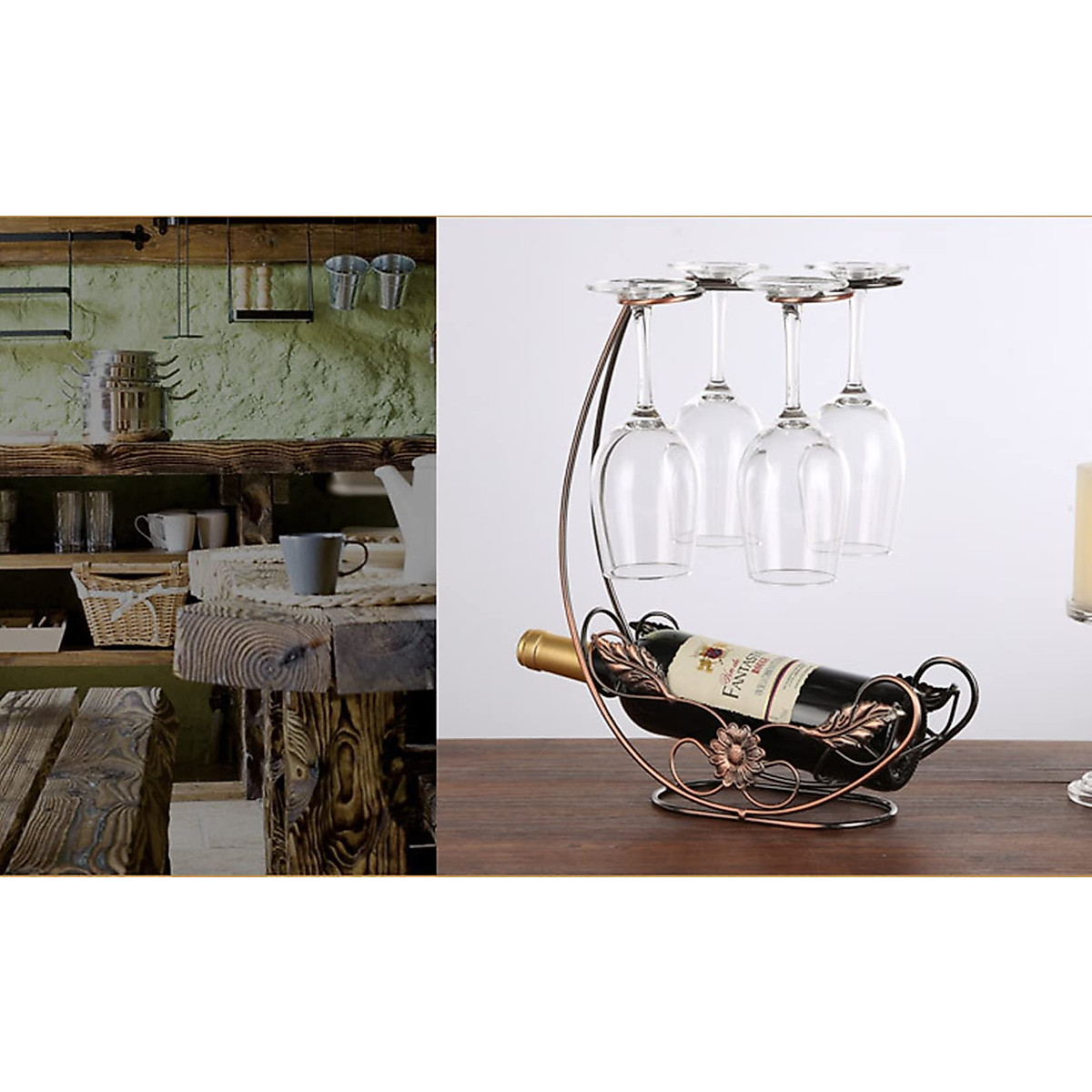 Homya Tabletop Metal Wine Glass Holder, Wine Countertop Goblet Holder Kitchen Bar Display Stand for Handy Wine Glasses Wine Bottle Holds 1 and 4 Wine Glasses, Table Wine Bottle Accessories, Bronze