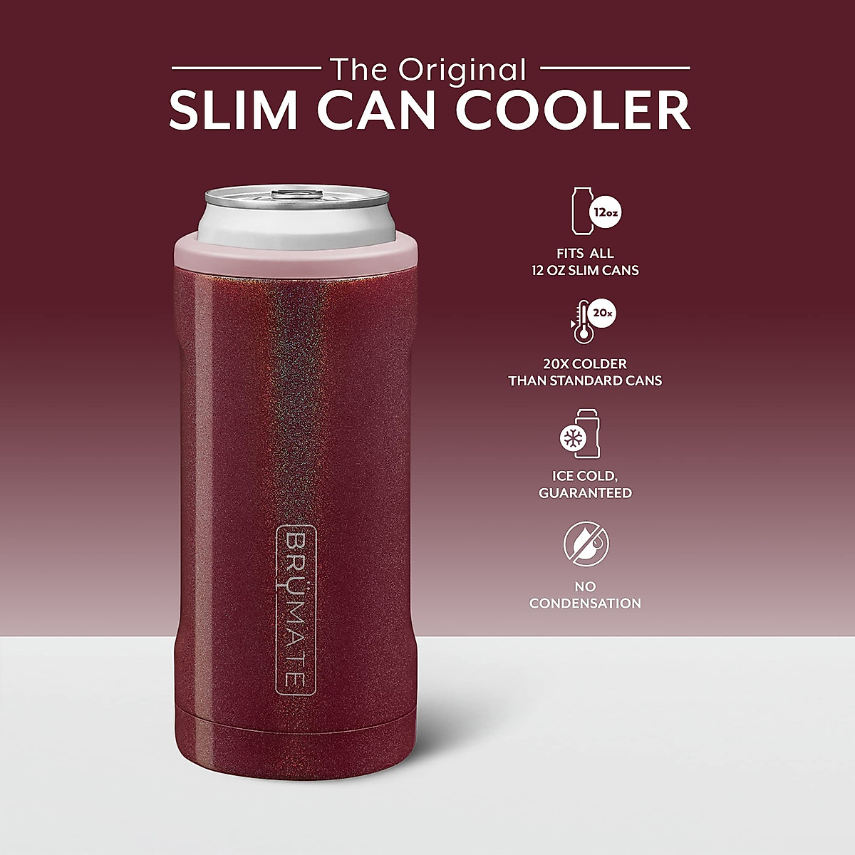 BrüMate Hopsulator Slim Can Cooler Insulated for 12oz Slim Cans | Skinny Can Insulated Stainless Steel Drink Holder for Hard Seltzer, Beer, Soda, and Energy Drinks (Glitter Merlot)