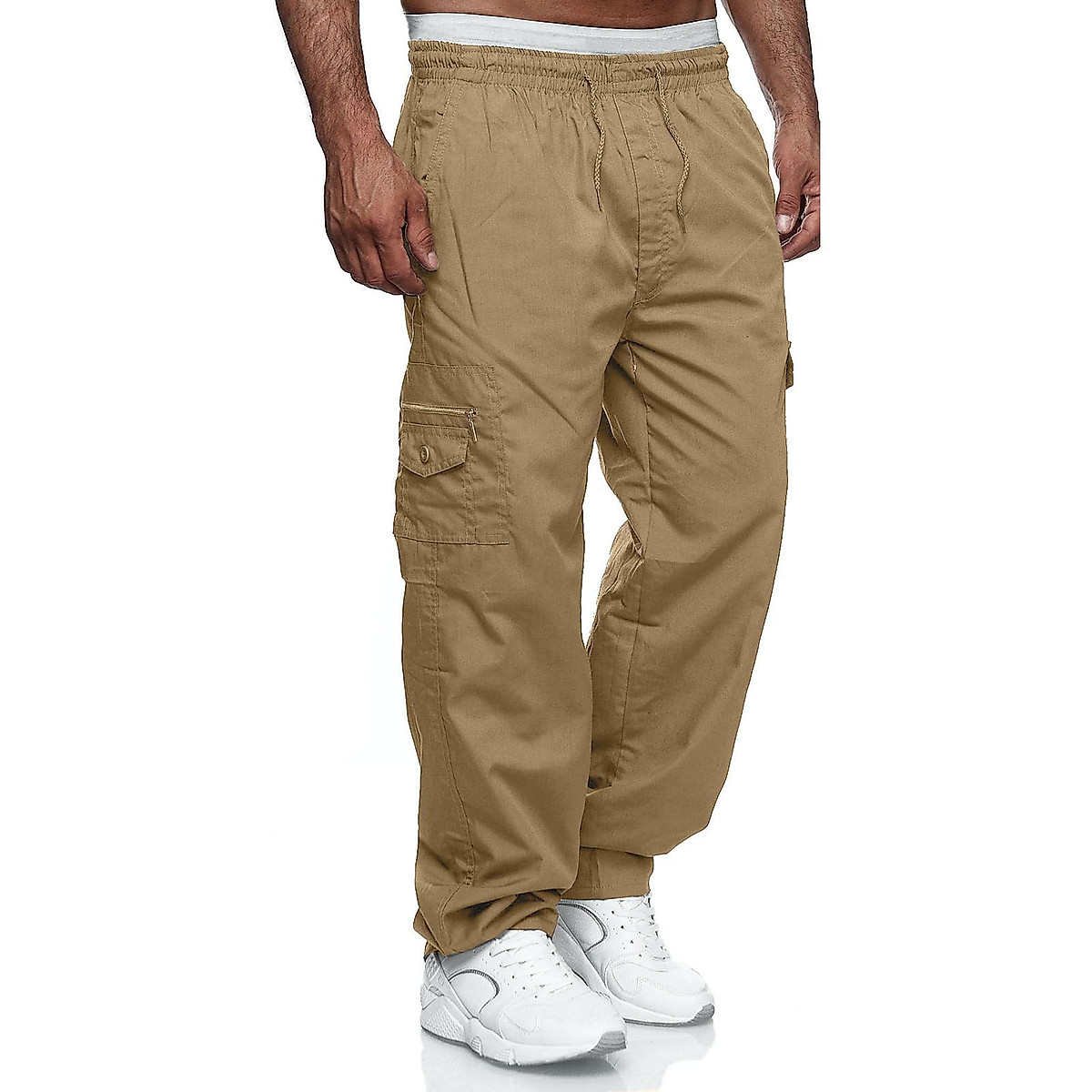 WZIKAI Mens Cargo Pants Relaxed Fit Drawstring Joggers Sweatpants for Men Workout Casual Long Trousers Khaki XXXL