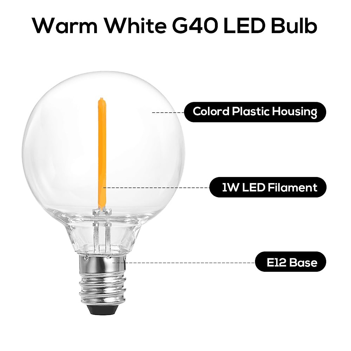SUNTHIN 25 Pack G40 LED Bulbs, 1W LED Bulbs with E12 Base, 5 Watt Incandescent Bulbs Equivalent, Warm White 2700K, Replacement Bulbs for Globe String Lights, Indoor & Outdoor Use
