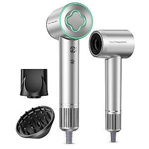 Hair Dryer - 150000 RPM High-Speed Brushless Motor Negative Ionic Blow Dryer for Fast Drying, Low Noise Thermo-Control Hair Dryer with Diffuser and Nozzle, Silvery
