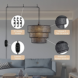 Mateyrie Plug in Pendant Light, Hanging Lamp with Dimmable Switch, Pendant Light Fixtures with 15 Ft Cord, Hanging Light with Black Rattan Shade for Bedroom, Kitchen, Living Room, Dining Table