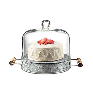 Royalty Art Farmhouse Cake Plate with Glass Dome, Rustic Kitchen and Dining Room Platter with Carry Handles, Galvanized Steel Base, Decorative Home Decor for Cupcakes and Pastries