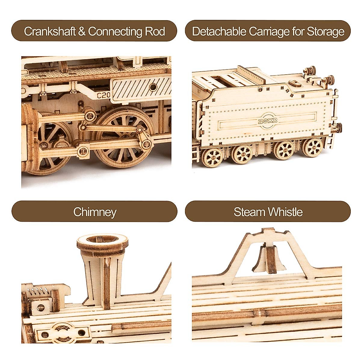 ROKR 3D Wooden Puzzle for Adults-Mechanical Train Model Kits-Brain Teaser Puzzles-Vehicle Building Kits-Unique Gift for Kids on Birthday/Christmas Day(1:80 Scale)(MC501-Prime Steam Express)