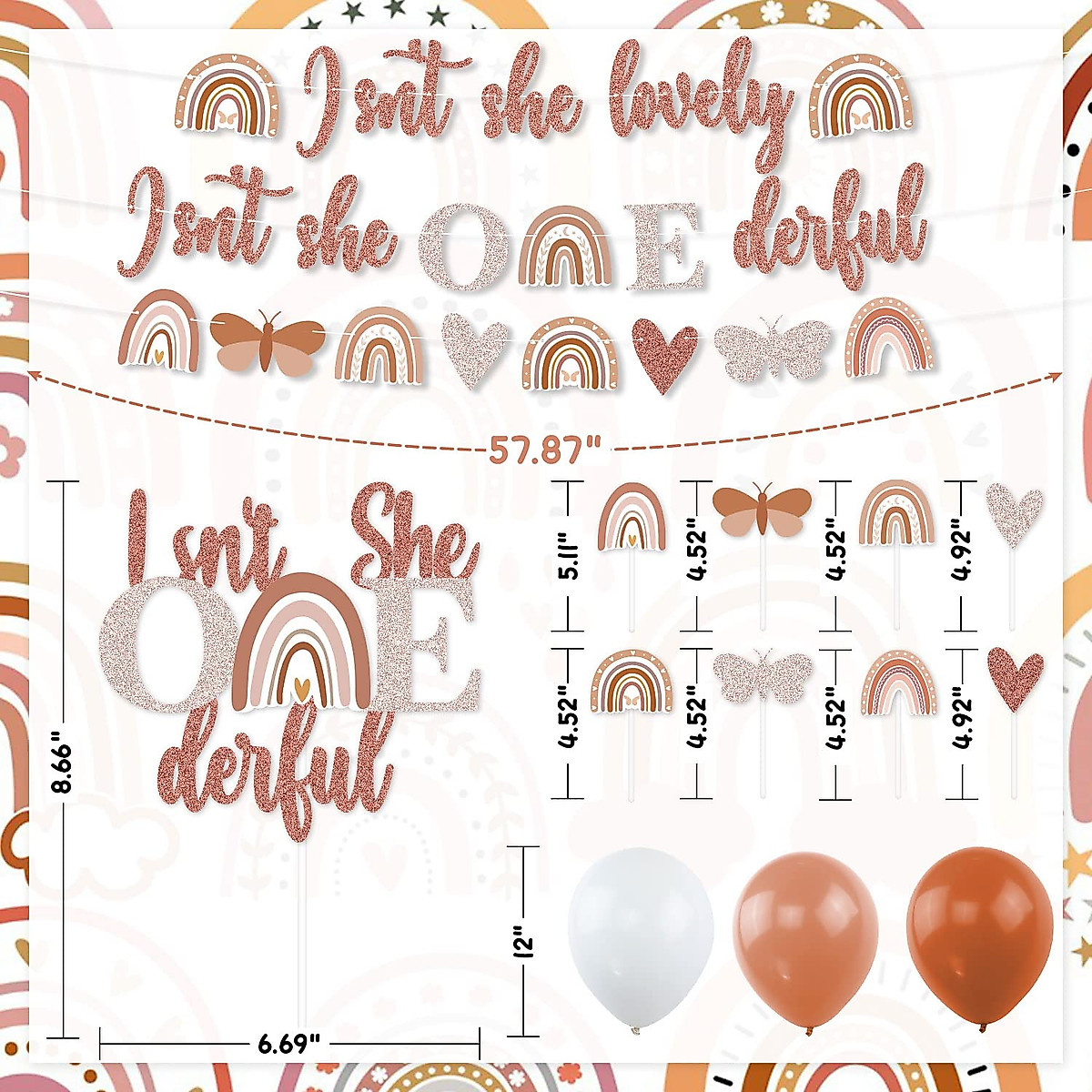 Boho Rainbow 1st Birthday Decorations,Boho First Party Decorations Isn't She Lovely and Isn't She Onederful Banner Cake Toppers and Balloons for Boho Theme Party First Birthday Girls