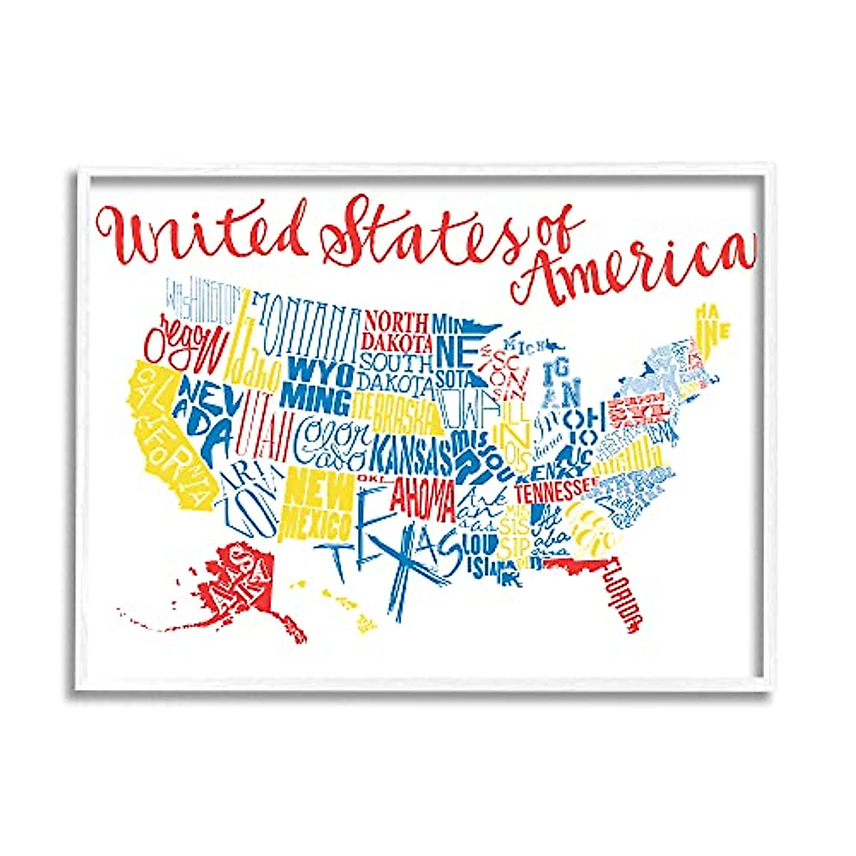 Stupell Industries United States of America Typography Map Primary Tones, Designed by Jace Grey White Framed Wall Art, 16 x 20, Blue