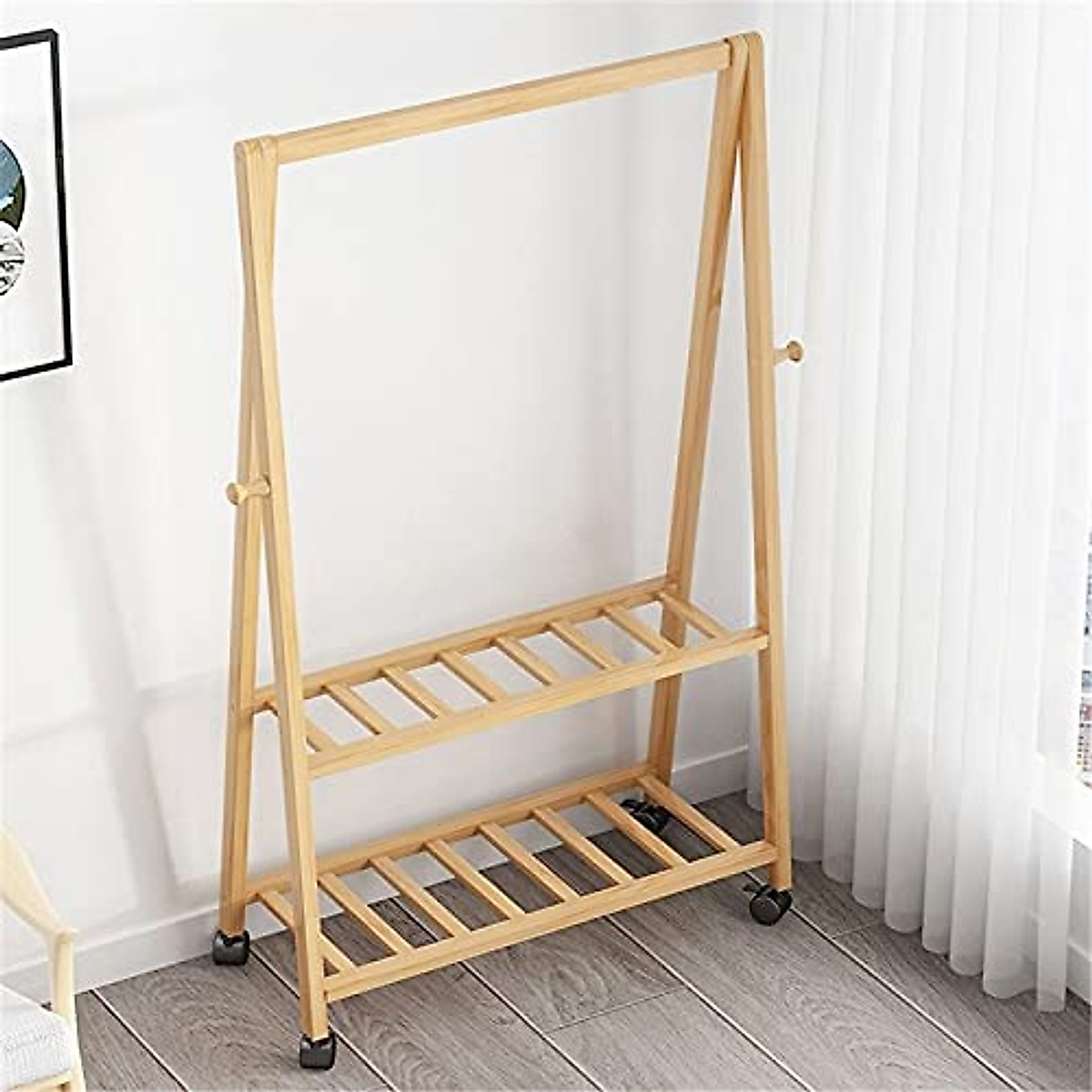 ZJDU Solid Wood Garment Rack,Clothes Rack with Shelves -Rolling Closet Organizer,with Storage Shelves Clothes Hanging Rack, for Entry Ways, Bedrooms,Brown,60×35×150cm