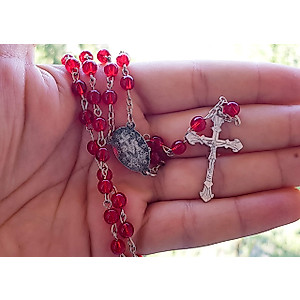 Nazareth Store Red Glass Beads Rosary Catholic Necklace Prayer Miraculous Medal Cross Holy Land Religious Gifts for Women and Men