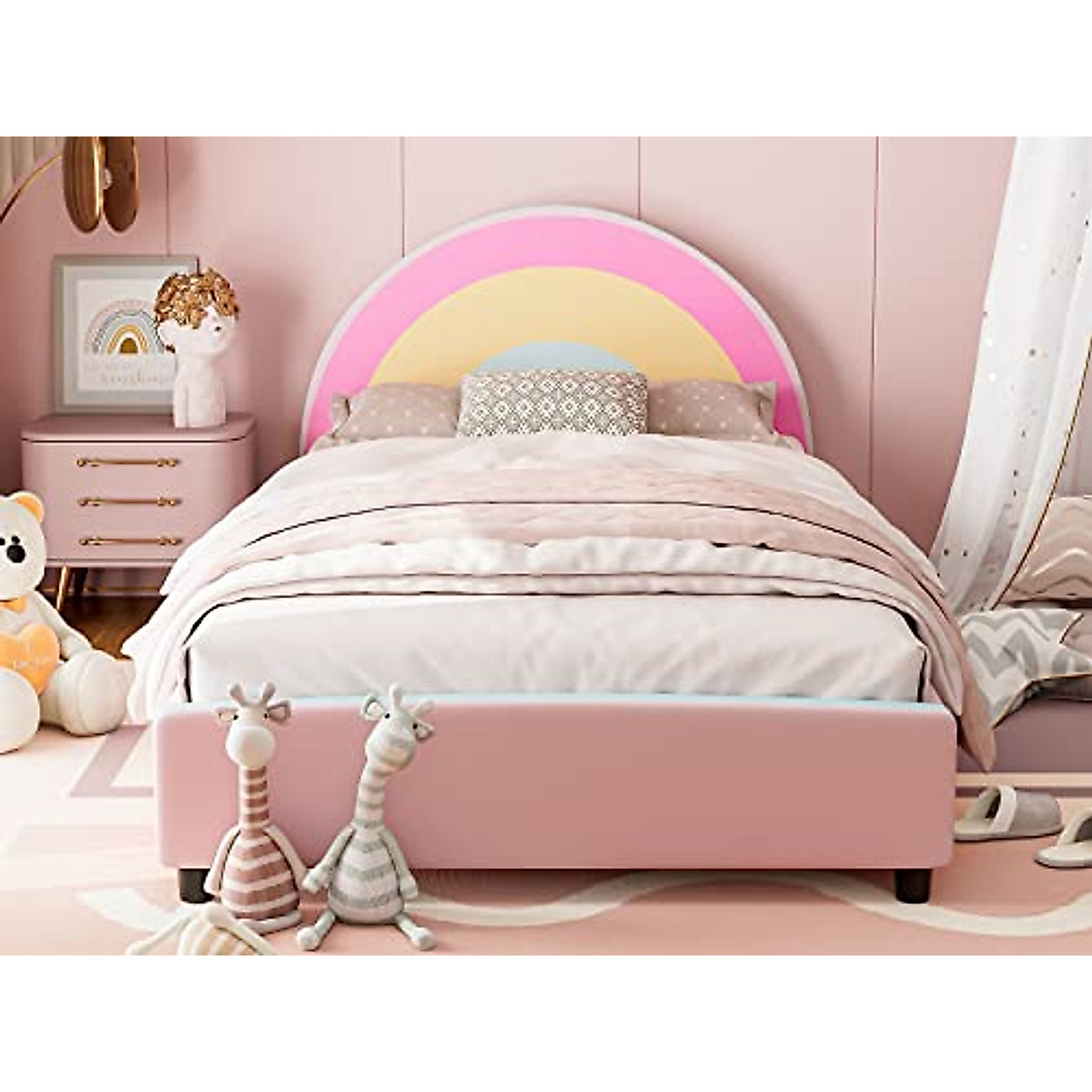 IKIFLY Twin Size Kids Bed, Children Upholstered Twin Platform Bed Frame with Curved Headboard, Pink Toddler Bed for Boys & Girls, Teens, No Box Spring Needed - Rainbow Design