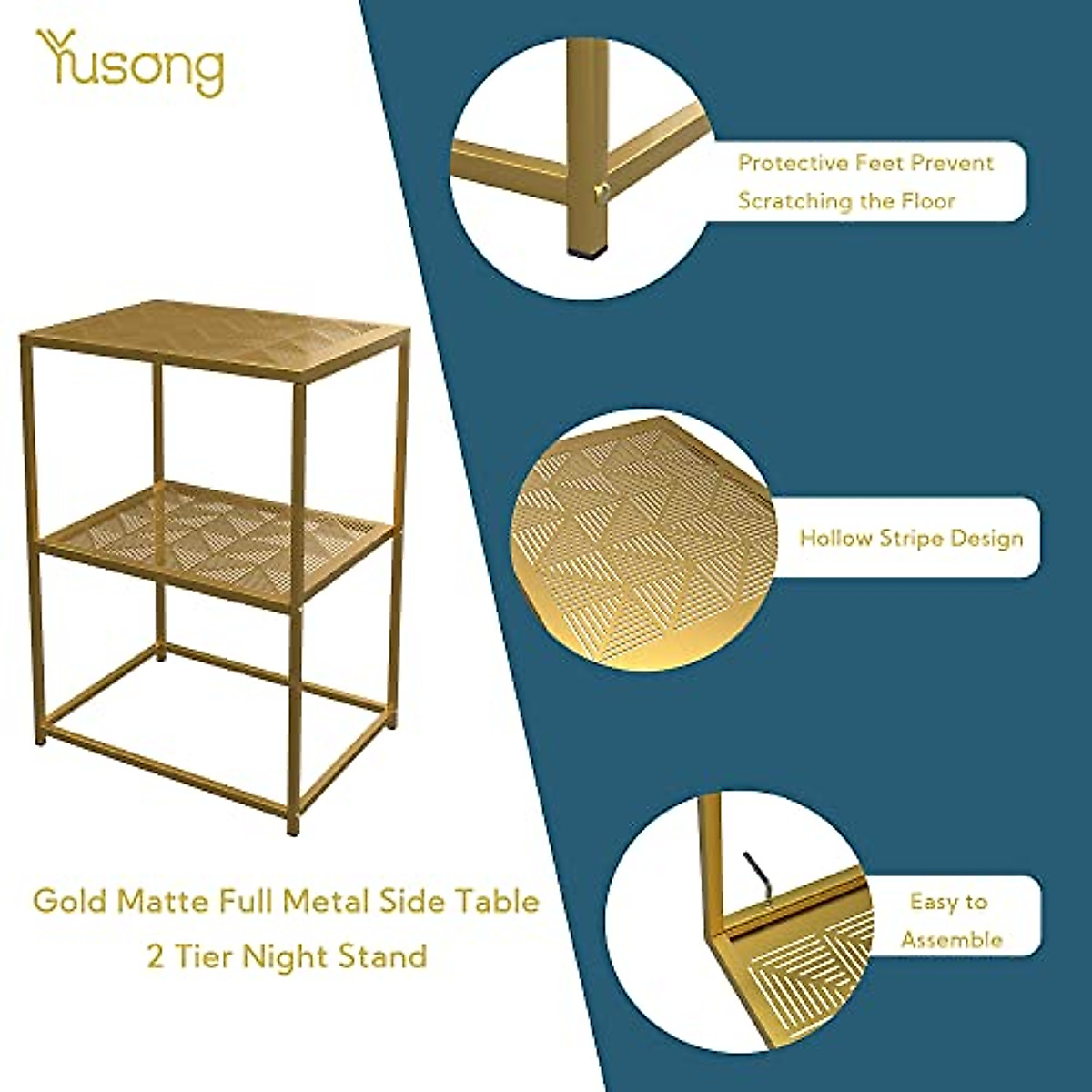 Yusong Narrow End Table, Small Gold Side Table for Small Spaces, Standing Metal Shelf, Night Stand Bedside Table for Bedroom, Sofa Couch Tables for Living Room, Gold