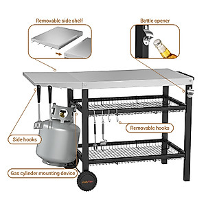 onlyfire Pizza Oven Table Cart for Ooni, Ninja Woodfire, Blackstone Griddle, Cuisinart Pizza Oven, Outdoor Stainless Steel Food Prep Table Movable Food Prep Cart Grill Stand with Storage Basket