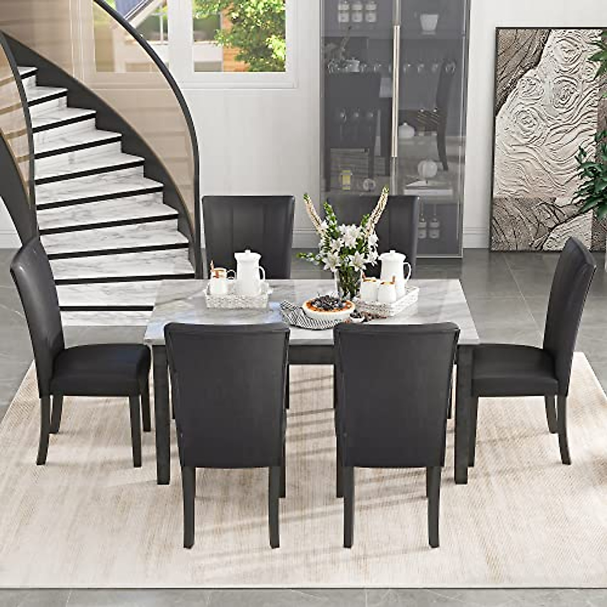 RUNWON Luxury 7-Piece Set-Faux Marble Top Table with 2 Drawers and 6 Comfortable PU Leather Chairs-Elevate Your Home Dining Experience, Black