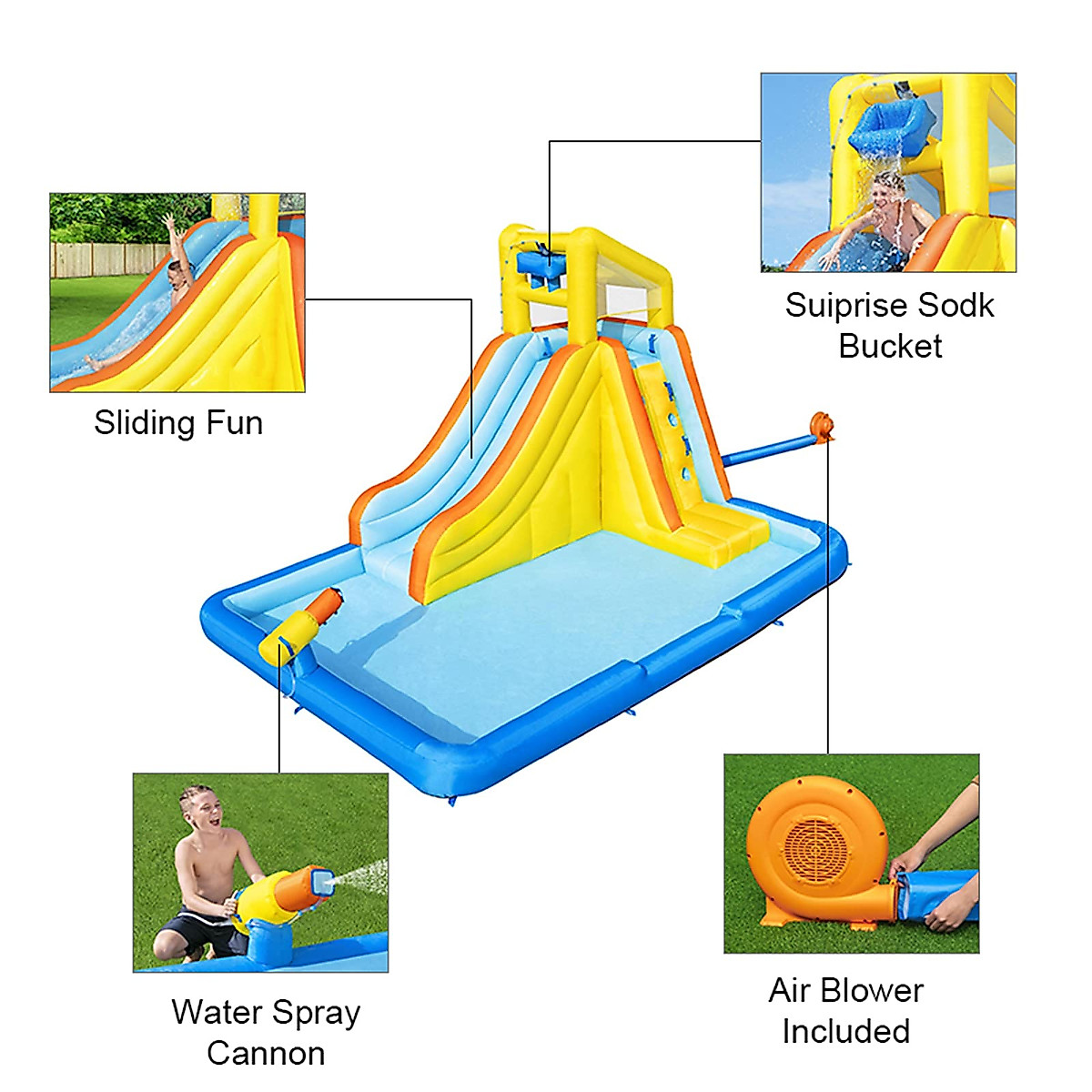 FBITE Inflatable Bouncy Castle, Jumper House Water Pool Slide Activity Center with Water Slide, Climbing Wall, Water Gun and Pool Area for Kids