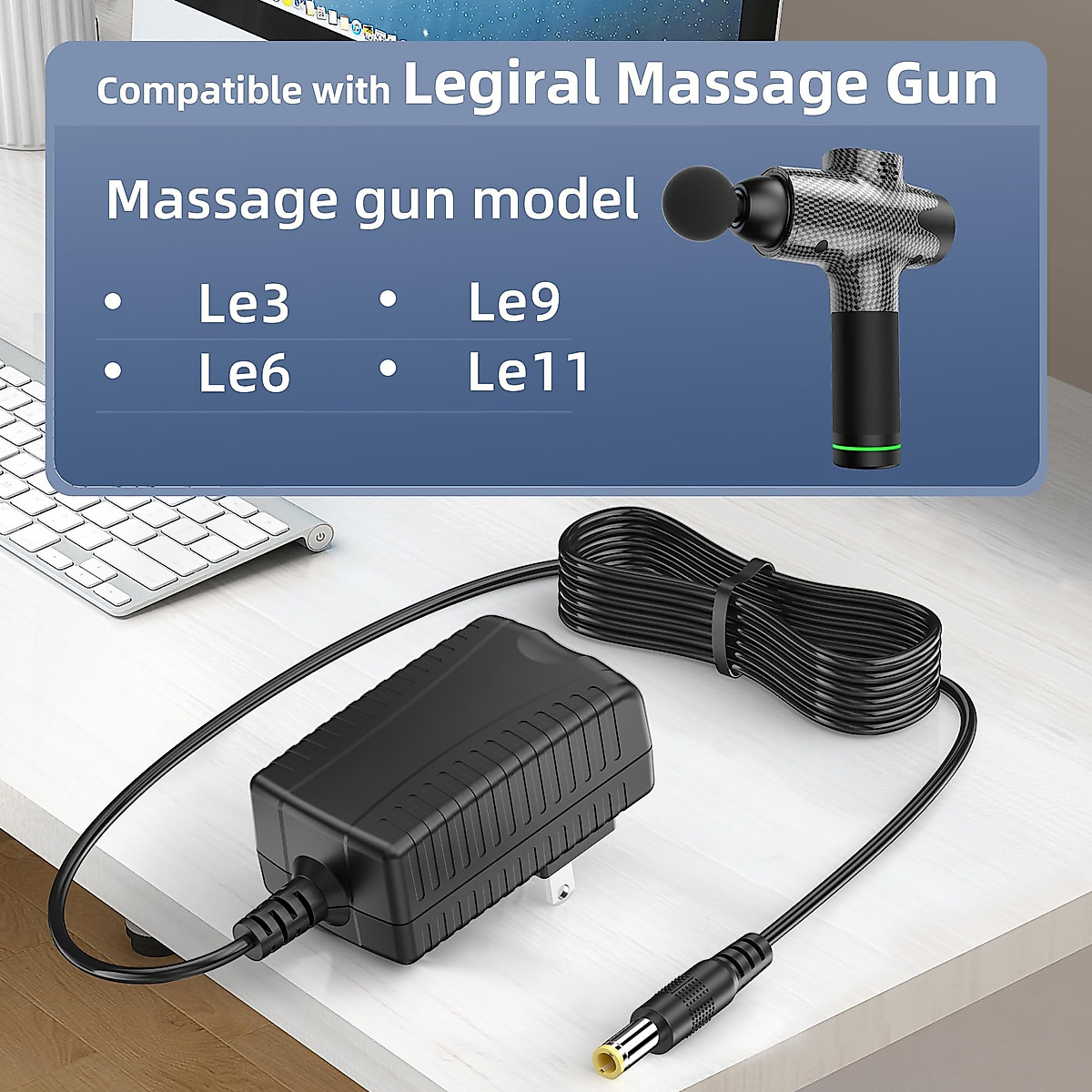 24V Power Cord for Legiral Le3 Le6 Le9 Le11 Portable Massage Gun AC/DC Adapter Massage Gun 24V1A Charger Power Supply