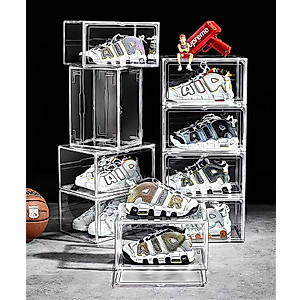 10 Pack Acrylic Ultra Clear Storage Sneaker Shoe Box Stackable Transparent Boxes, Magnetic Door Plastic Sneakerhead Professional Grade Display Case Boot Organizer, Fits US Size 15 Sneakers, Pack of 10