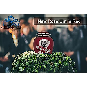 Silver Rose Cremation Urn - Funeral Urn with Large Flower on Red Enamel - Burial Urn for Human Ashes Adult Size - 100% Brass