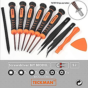 TECKMAN 10 in 1 Torx Screwdriver Set with T3 T4 T5 T6 T8 T10 Security Torx Bit & ESD Tweezers,Magnetic Screwdrivers Precision Repair Kit for Xbox,PS4,Macbook,Computer,Doorbell & Folding knife