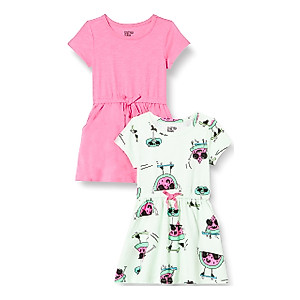 Amazon Essentials Toddler Girls' Knit Short-Sleeve Cinch-Waist Dresses (Previously Spotted Zebra), Pack of 2, Pink Watermelon, 4T